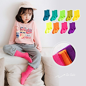 MINI PANDA Little Girl's Socks, Girls Socks Cute,girls Crew Socks 9 Pairs Pack (9 colors-2, 5-8 Years)