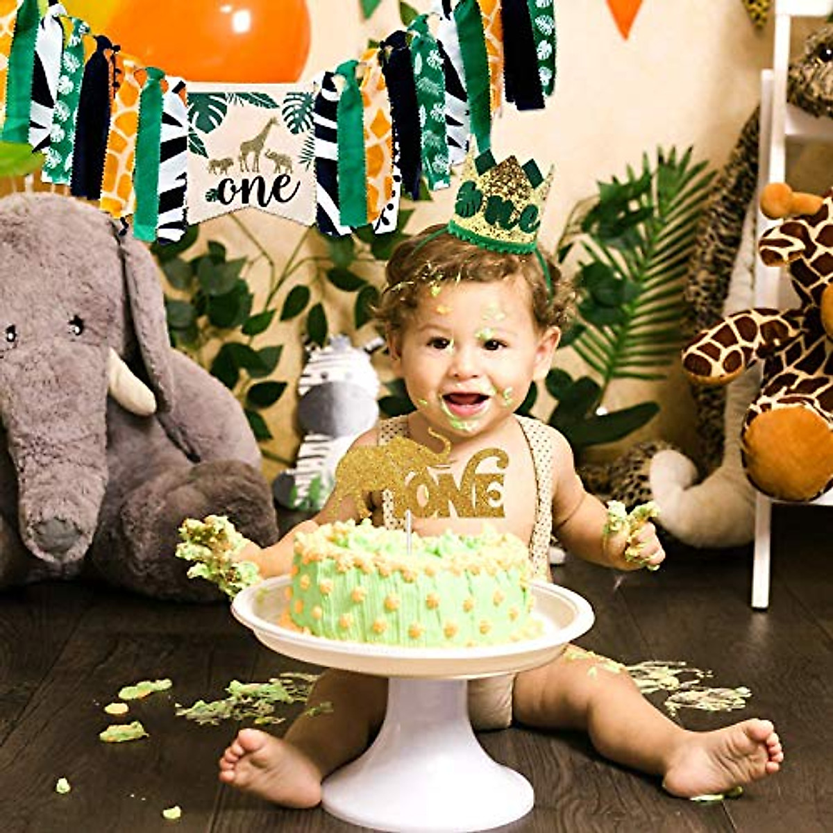 Baby 1st Birthday Party Decorations Supplies For Boy Girl Kids First Birthday Shower Jungle Safari Theme With Wild One Highchair Banner Crown Cake Topper Set of 3