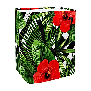 Red Hibiscus with Leaves in Striped Print Collapsible Laundry Hamper, 60L Waterproof Laundry Baskets Washing Bin Clothes Toys Storage for Dorm Bathroom Bedroom