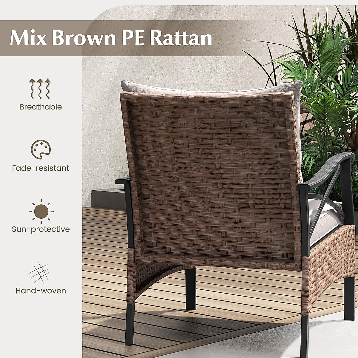 Tangkula 5 Pieces Wicker Patio Furniture Set, Outdoor Rattan Chairs with Ottomans, Cushions and 2-Tier Tempered Glass Side Table, Patio Conversation Bistro Set for Garden, Porch, Balcony