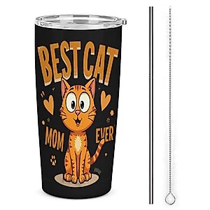 Best Cat Mother Ever Cute Orange Cat 20 OZ Stainless Steel Tumbler Travel Car Coffee Mug with Straw Lid Cleaning Brush Coffee Tumbler Mug for Women Men