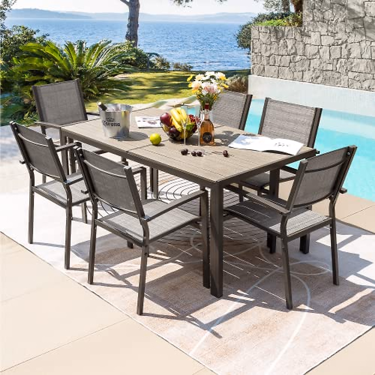 Rankok 7 Piece Patio Dining Set Outdoor Furniture Set with Weather Resistant Table and 6 Stackable Textilene Chairs for Garden, Yard, Garden and Poolside (Gray)