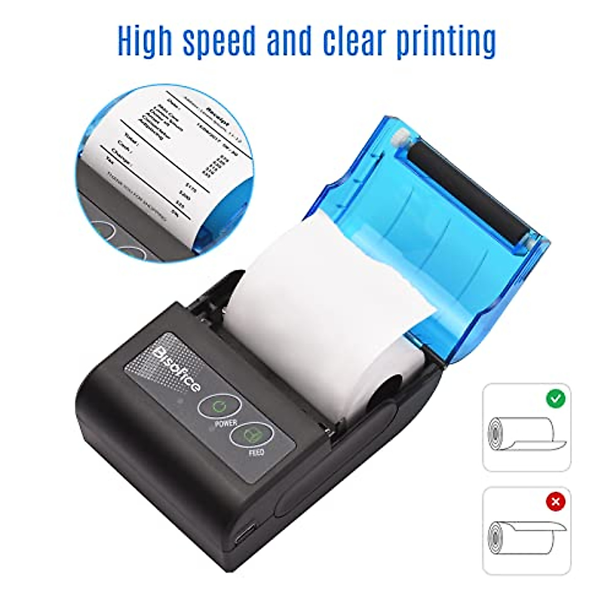 BISOFICE 58mm Bluetooth Receipt Printer, Mini Thermal Printer 2 inch Wireless USB Receipt Bill Ticket Printer with Print Paper, Compatible with iOS Android Windows