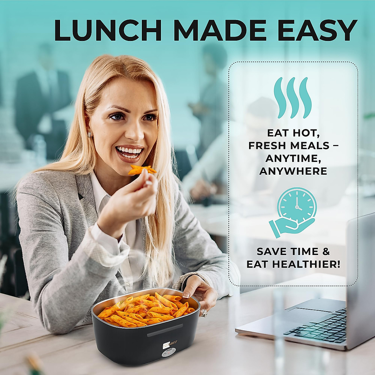 FORABEST Electric Lunch Box Food Heater 2-In-1 Portable Food Warmer Lunch Box for Car & Home – Leak proof, 2 Compartments, Removable 304 Stainless Steel Container, SS fork & spoon and Carry Bag