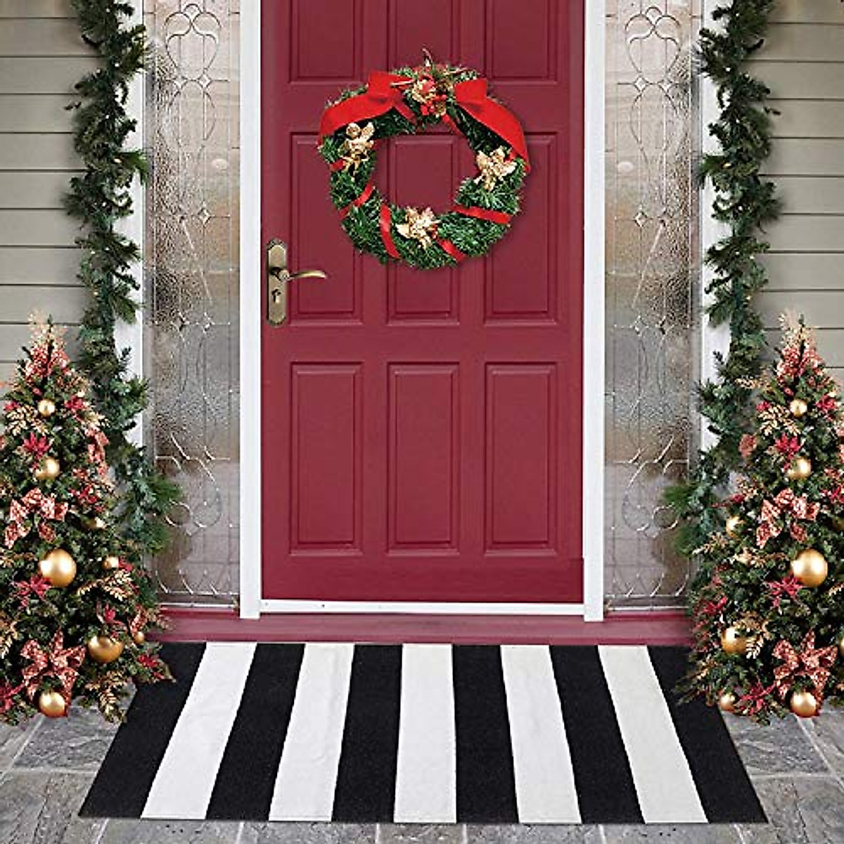 MUBIN Cotton Black and White Striped Rug, 27.5 x 43 Inches Outdoor Reversible Hand Woven Washable Rug Porch Entryway Stripe Carpet ​for Layered Front Door Mats (Thick Stripes,27.5 x 43 in)