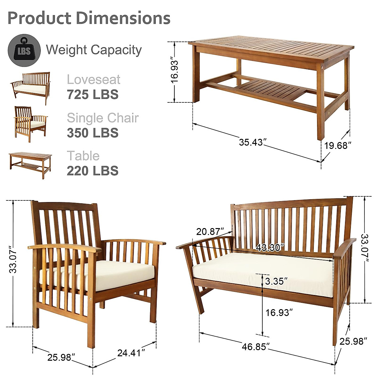 VINGLI Outdoor Patio Furniture, 4 Piece Acacia Wood Sofa Set w/Coffee Table, Patio Table and Chairs Set, Outdoor Patio Lounge Conversation Set for Deck, Backyard, Balcony