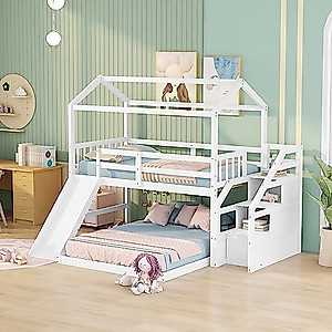 Harper & Bright Designs House Bunk Beds with Slide and Stairs Twin Over Full Bunk Bed Wood Playhouse Low Bunk Bed for Kids Girls Boys Teens, White