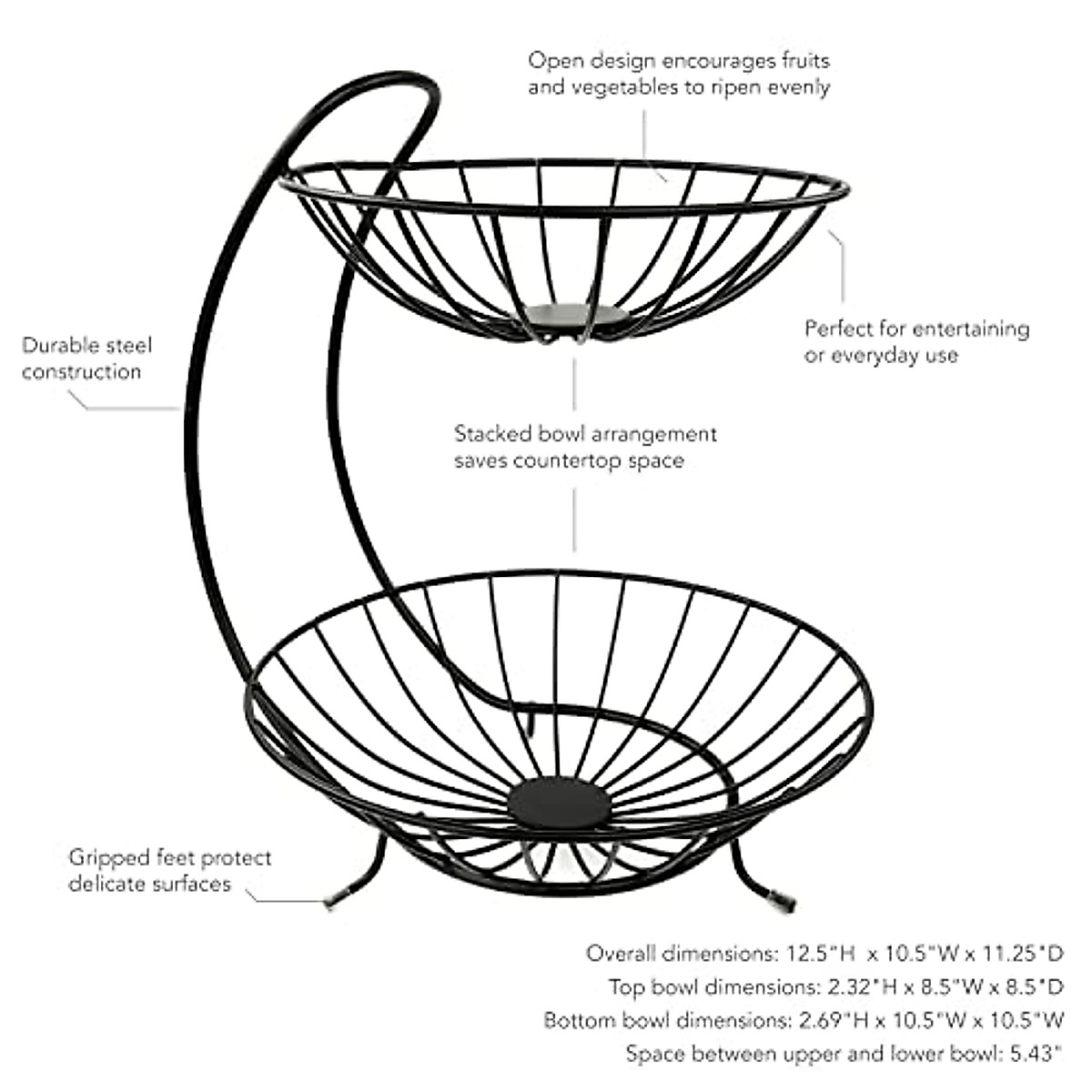 Spectrum Diversified Yumi Arched 2-Tier Server Stacked Bowls, Dining Table & Kitchen Counter Organizer, Modern Fruit Basket Stand, Black