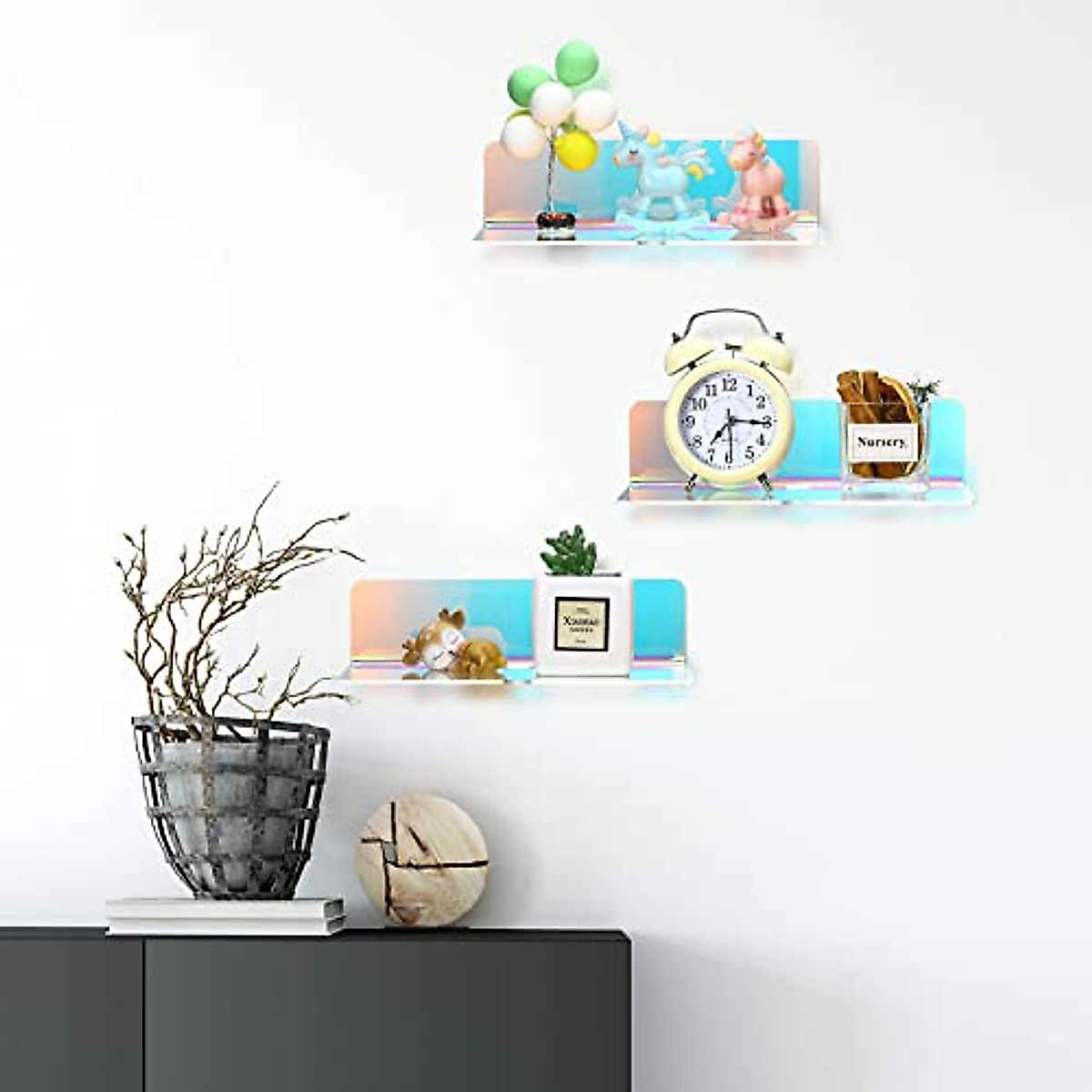 Weysat Floating Wall Shelves 9 Inch Acrylic Small Wall Shelf Hanging Shelves Adhesive Shelf Screwless Display Shelf with Cable Clips and Stickers for Bathroom, Bedroom, Office (Iridescent, 4 Pcs)