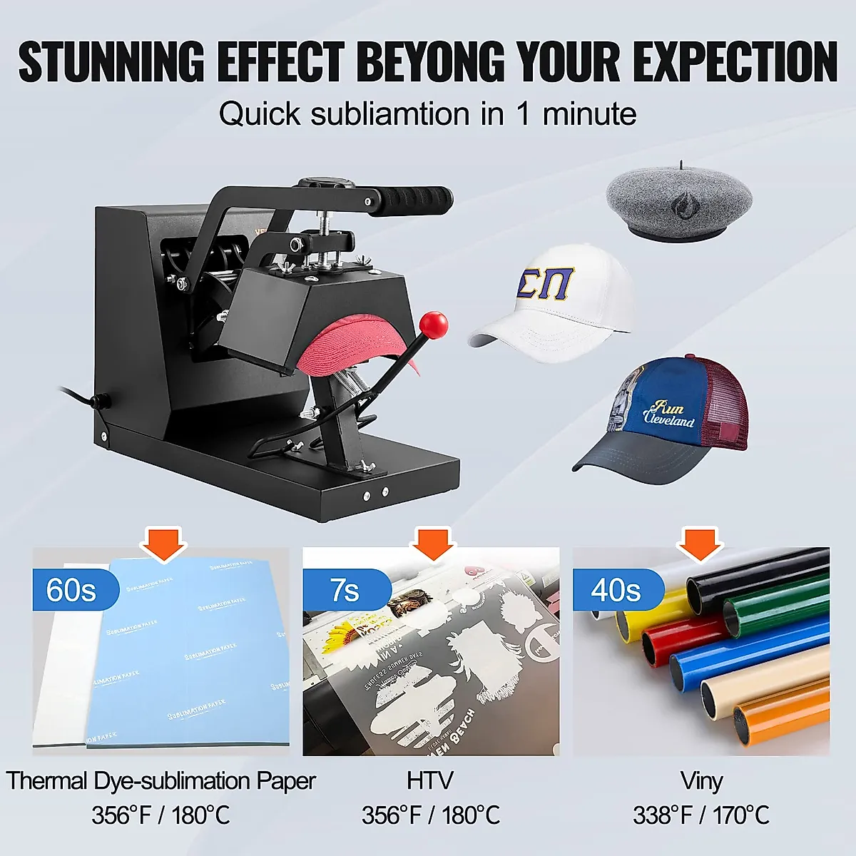 VEVOR 4-in-1 Heat Press Machine for Hats with 6x3inches Curved Teflon-Coated Heat Plate, Easy Temperature Control Non-Slip Base, Four Replaceable Elements 6x3/6.7x2.7/6.7x3.8/8.1x3.5inches