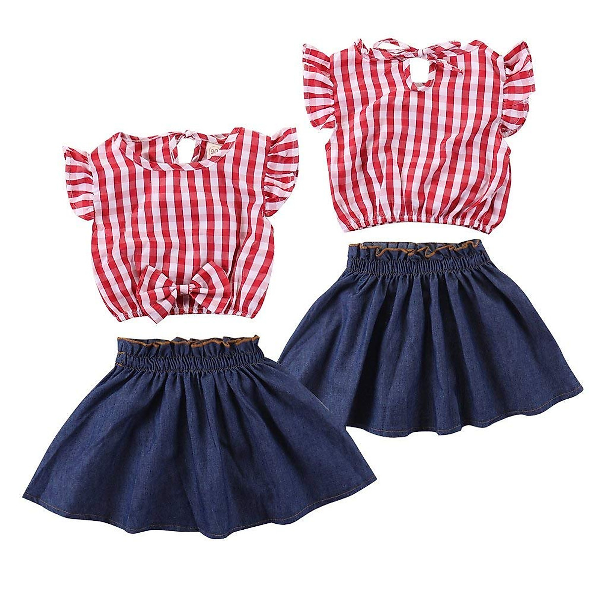 BOIZONTY Toddler Baby Girl Red Plaid Outfits Ruffled Sleeve Crop Top Shirts with Bowknot+Denim Skirt Dress Summer Clothes Set (Plaid, 3-4 Years)