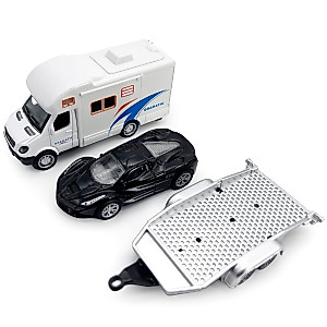 Toy Camper RV Trailer Towing Supercar Sports Model Car Diecast Motorhome Toys for Boys Pull Back Toy Cars, Beach Sandbox Outdoor Adventure Play Set, 3 4 5 6 Years Old Kids Toddlers Gifts, White