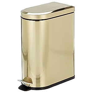mDesign Small 2.6 Gallon Stainless Steel Metal Step Trash Can Garbage Bin for Bathroom, Bedroom, Home Office - D-Shape Trashcan with Foot Pedal/Lid, Removable Liner Bucket with Handles, Soft Brass