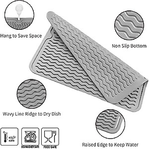 Better-Love Silicone Dish Drying Mat for Multiple Usage,Coffee Mat,Easy clean,Eco-friendly,Heat-resistant Silicone Mat for Kitchen Counter or Sink,Refrigerator or Drawer liner Grey L 16x12 inches
