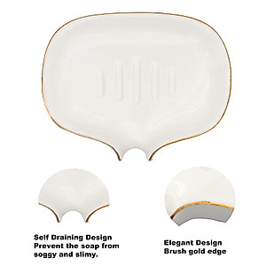 Polyroyal White Soap Dish Ceramic Self Draining Soap Dish Waterfall Slot Gold Edge Bathroom Accessories for Bathroom, Kitchen,Bar Counter