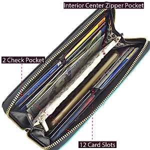 Dasein Gold Tone Chain Vegan Leather Zip Around Wallet Credit Card Purse - 12 Card Slots (8005 Orange)