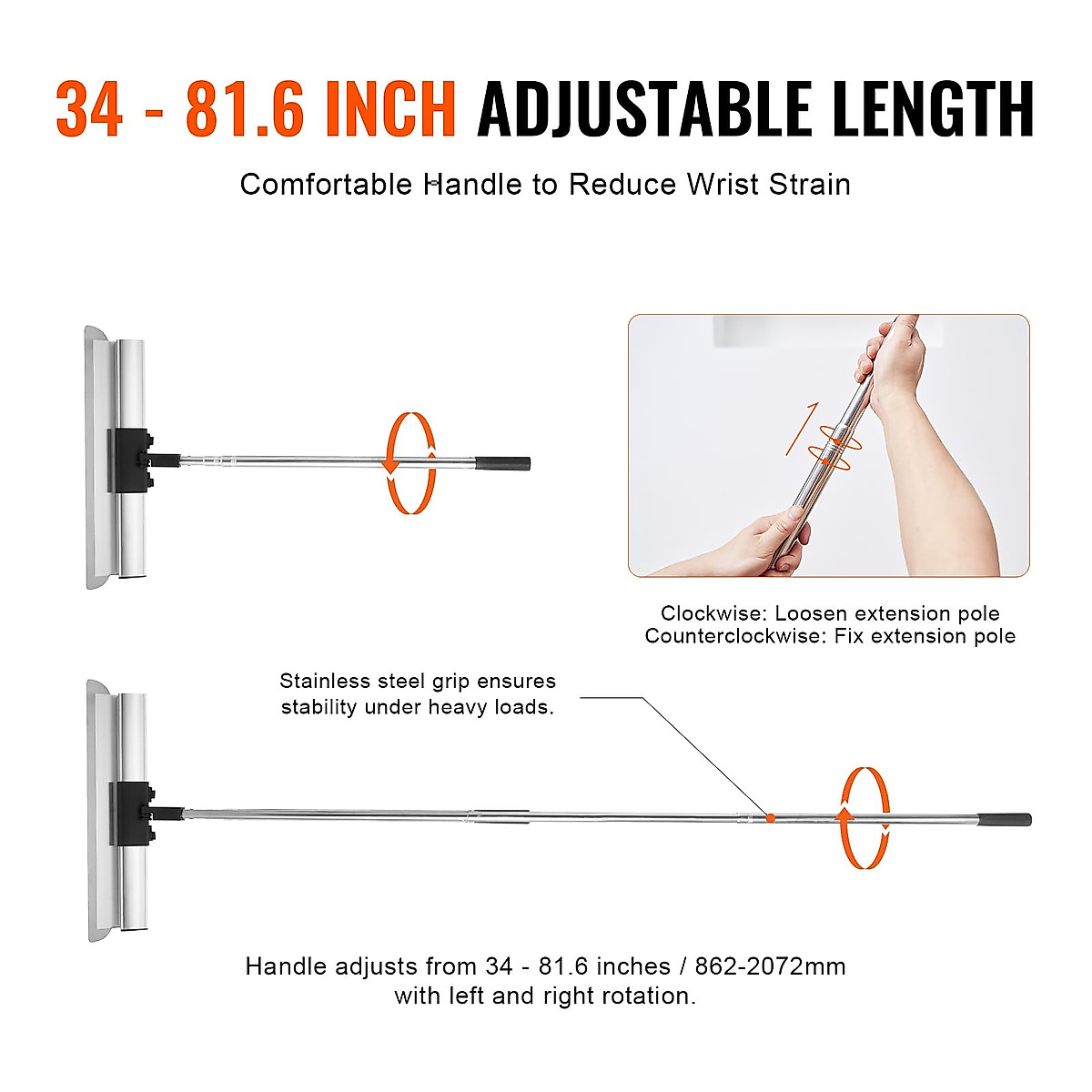 VEVOR Drywall Skimming Blade Set, 10/16/24/32/40 in Skimming Blades + 34-81.6 in Extension Handle Pole, Stainless Steel Knife Professional Skim Coat Tools, for Gyprock/WallBoard/Plasterboard