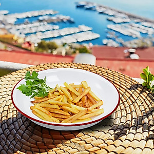 Lawei Set of 4 Enamel Dinner Plates, 10 Inch Round Enameled Camping Plate with Red Rim, Retro Salad Pasta Bowls Enamel Deep Dinner Serving Platter for Dinner, Outdoor, Picnic, BBQ, Butter