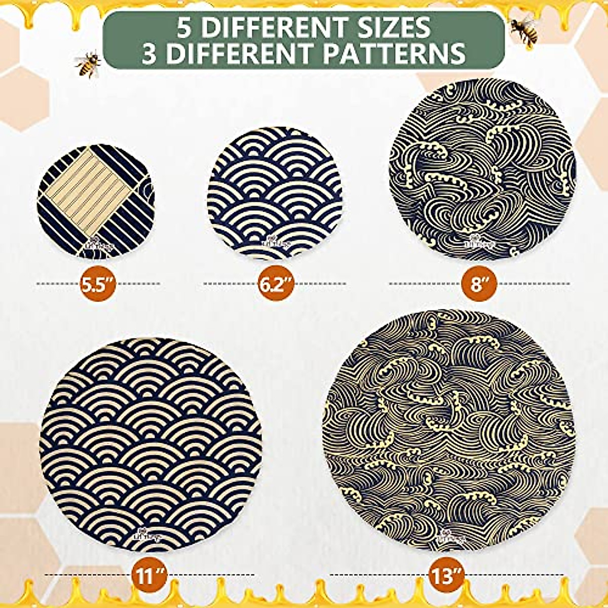 Li'l Things Eco-friendly Beeswax Bowl Covers | Improved Beeswax Coating | Elastic Food Storage Covers | Reusable Lids For Food, Fruits and Leftover | 5 Sizes | 3 Different Themes | Japanese Waves