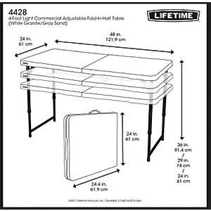 Lifetime Height Adjustable Craft Camping and Utility Folding Table, 4 Foot, 4'/48 x 24, White Granite