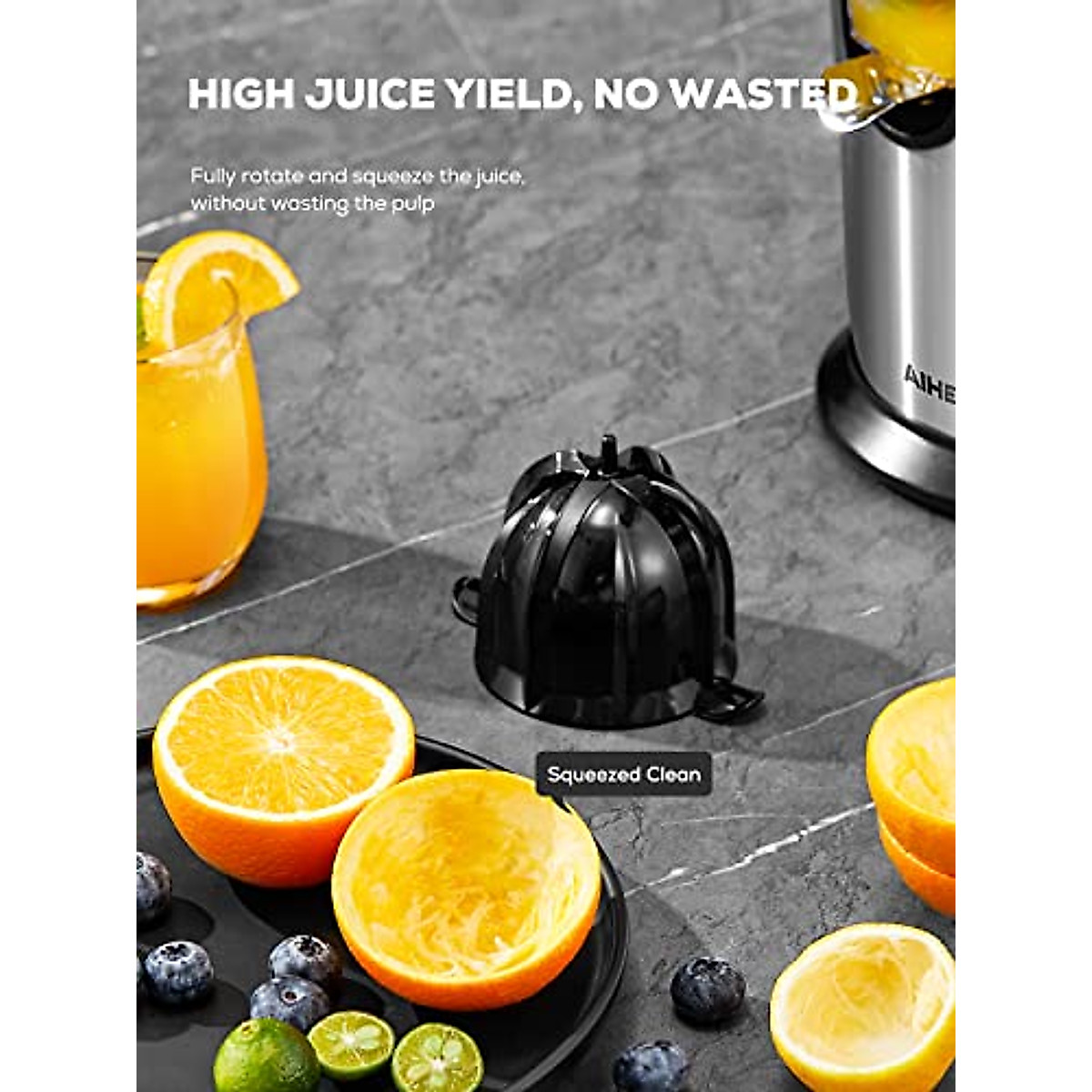 AIHEAL Electric Citrus Juicer Squeezer, Oranges Juicer with Rubber Handle and Two Size Cones, 160W Silent Motor Juice Squeezer for Orange, Lemon and Grapefruit