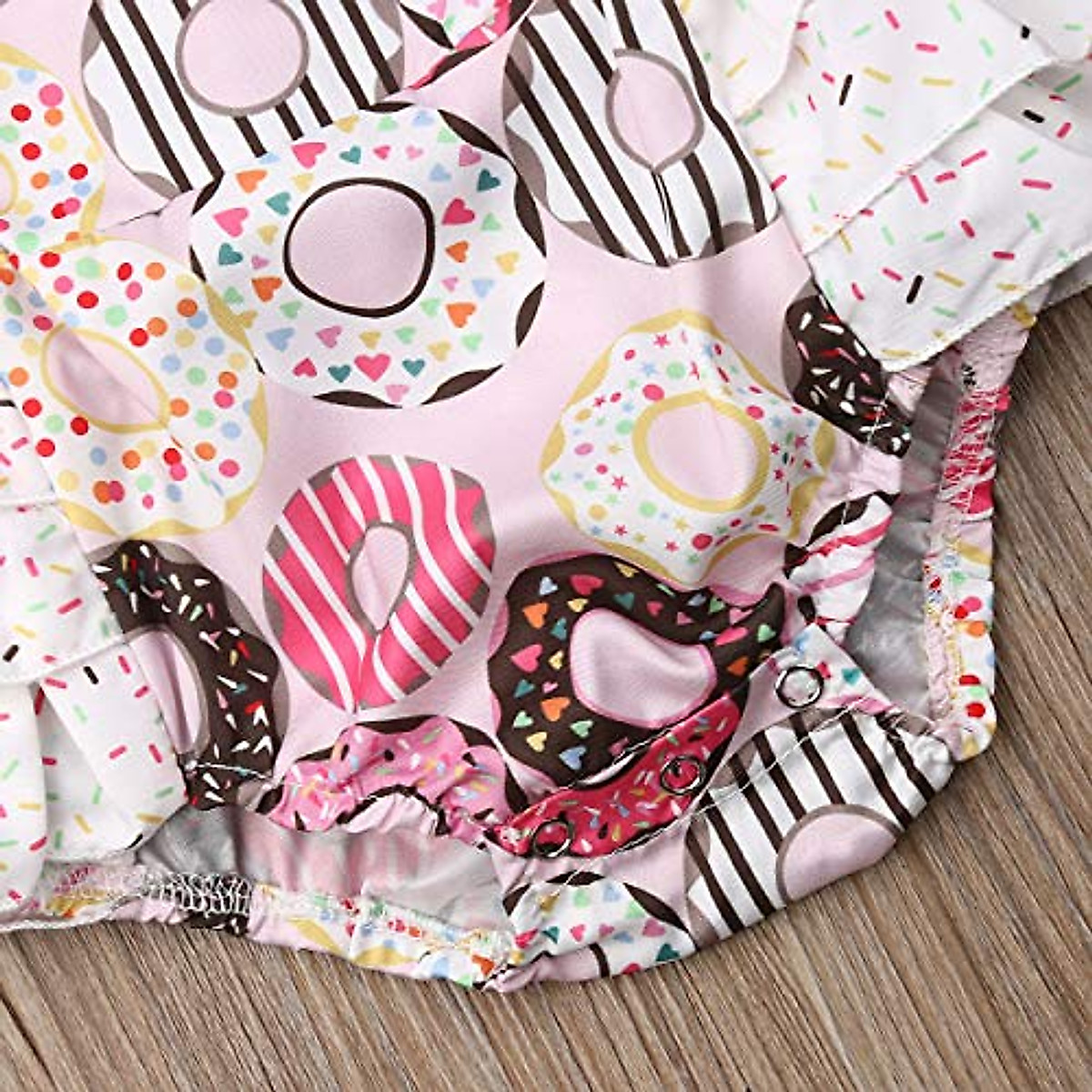 Lamuusaa Newborn Baby Girls Fly Sleeve Ruffled Romper Colorful Doughnut Bodysuit Jumpsuit Headband Summer Outfit 0-24M (6-12M, Pink)