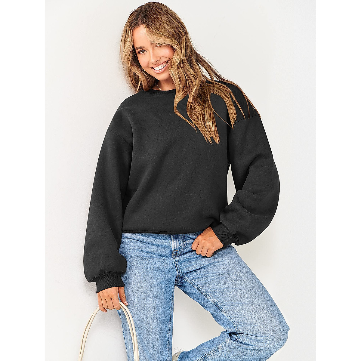 ANRABESS Women's Sweatshirts Hoodies Crewneck Oversized Fleece Pullover Sweaters Cute Top Y2K Teen Girls Preppy Clothes 2024 Black Medium
