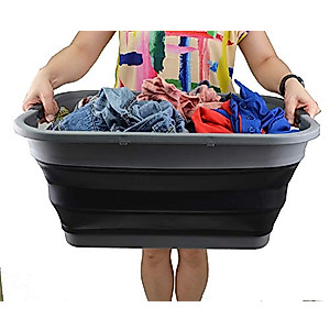 SAMMART 41L (10.8 gallon) Collapsible Plastic Laundry Basket - Foldable Pop Up Storage Container/Organizer - Portable Washing Tub - Space Saving Hamper/Basket, (Rectangular, Grey/Black)