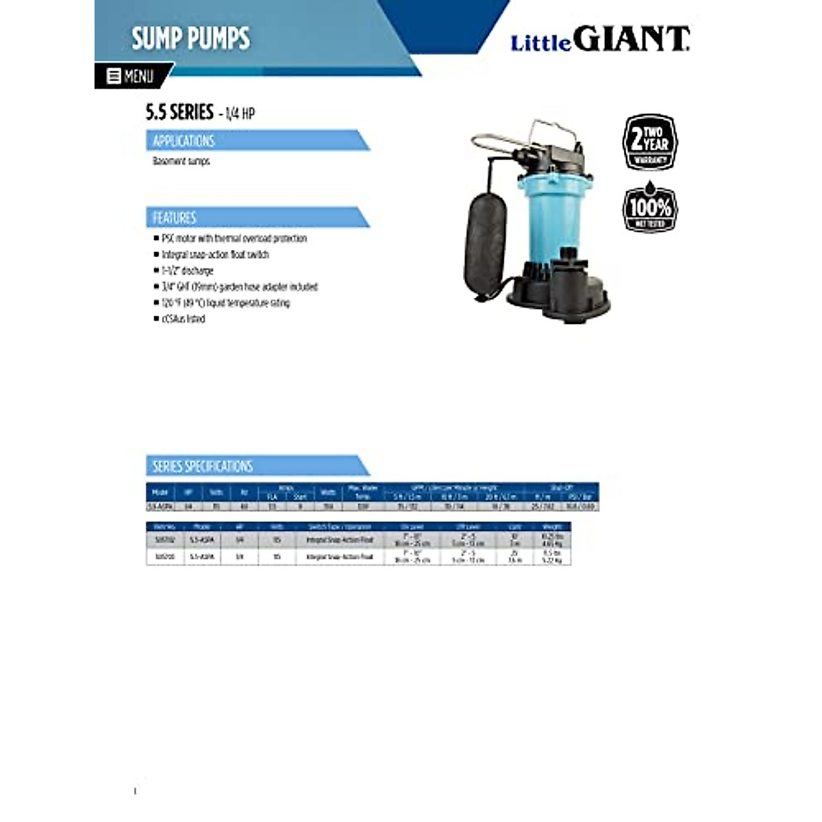 Little Giant 5.5-ASPA 115-Volt, 2100 GPH, 1/4 HP Automatic Aluminum Sump Pump with Snap-Action Float Switch and 10-Ft. Cord, Blue or Black, 505702