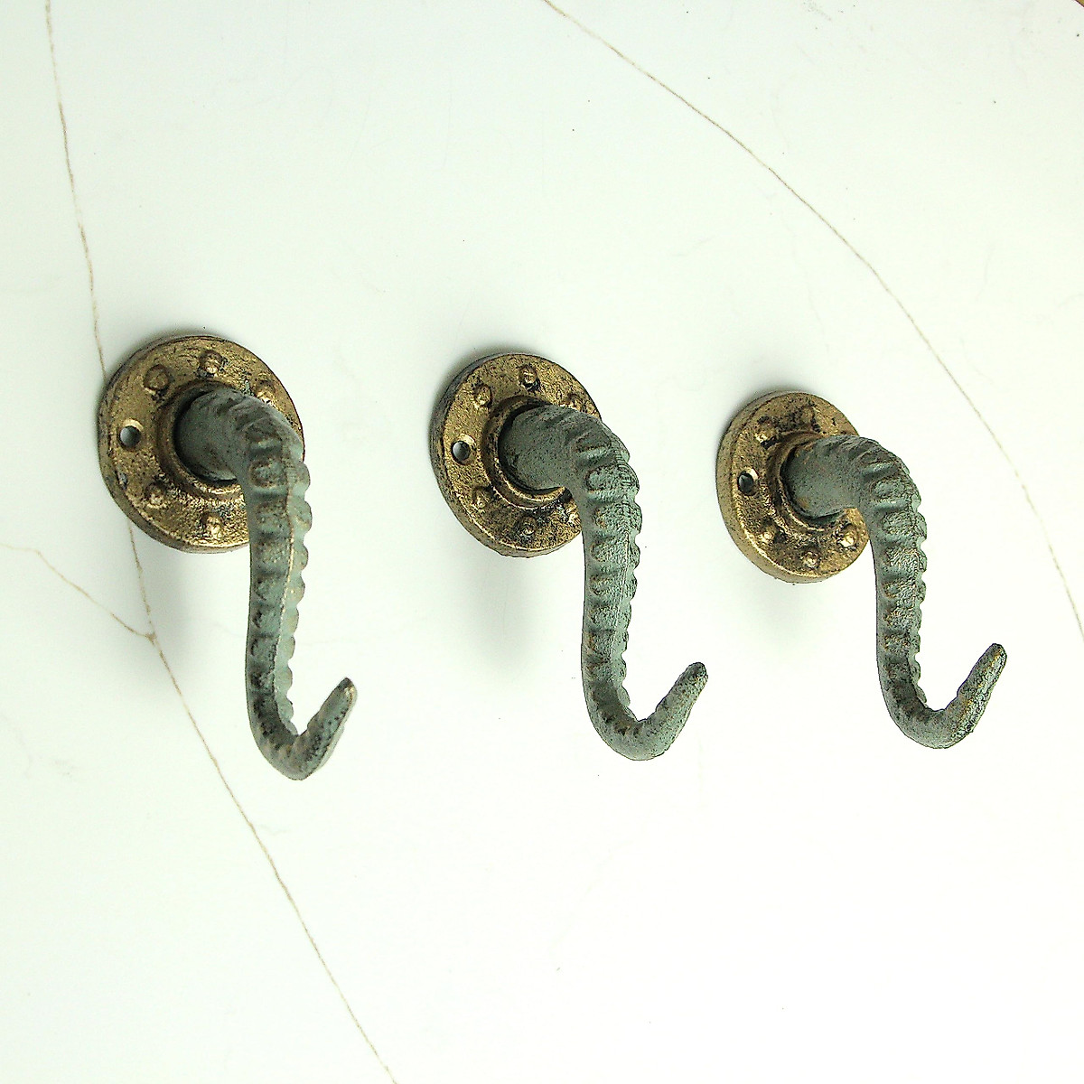 Zeckos Set of 3 Verdigris Bronze Cast Iron Octopus Tentacle Wall Hooks: Nautical Key Hangers, 4.5 Inches High - Easy to Install - Enhance Your Decor with Coastal Charm