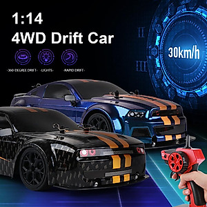 Apawband RC Drift Car 1/14 Scale RC Car RTR Remote Control Race Cars Drifting Toy for Boys Kids 4WD 30KM/H RC Vehicle with LED Lights Drift Tires + Racing Tires