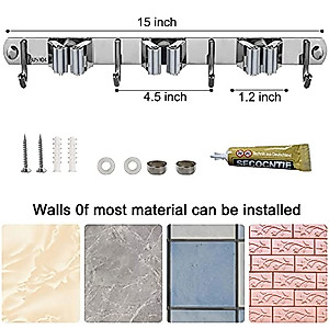 2 Pack Mop and Broom Holder, Broom Holder Wall Mount, Broom Organizer Wall Mount, Stainless Steel Broom Holder with 3 Racks and 4 Hooks, Mop Holder for Home Kitchen Office Garden Garage