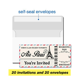 VAHATAN Paris Birthday Party Invitations 20 Pack Air Paris Ticket Invitations with Envelopes Invites Cards for Birthday Party