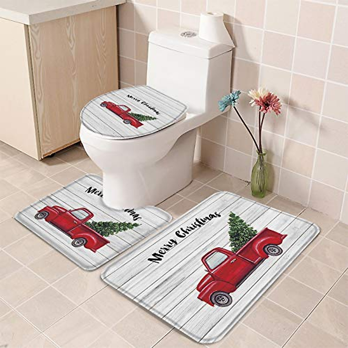 Fancyine 3 Pieces Bath Rugs Sets Winter Christmas Farm Red Truck Soft Non-Slip Absorbent Toilet Seat Cover U-Shaped Toilet Mat for Bathroom Decor Rustic Wood Texture
