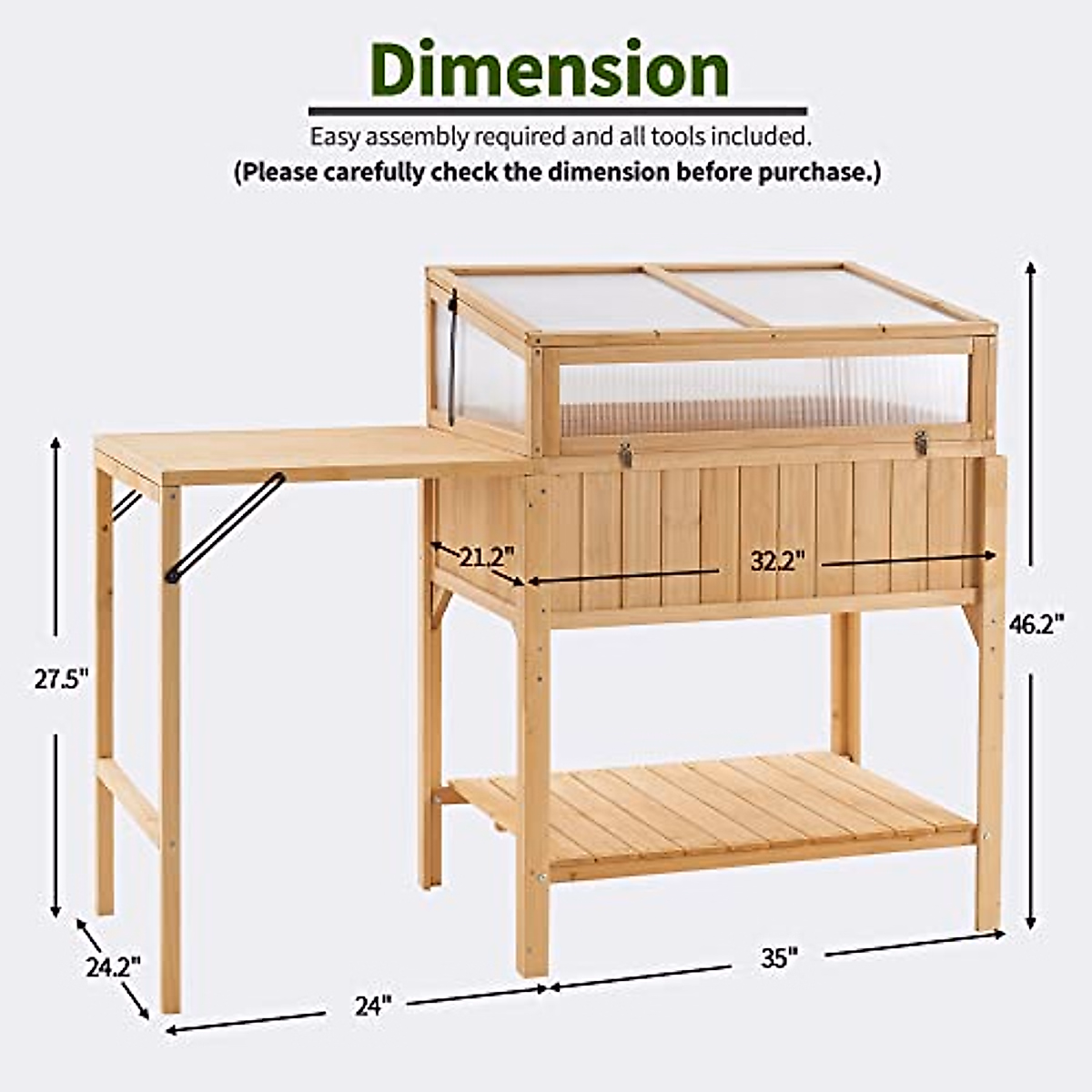 MCombo Cold Frame Greenhouse with Foldable Potting Table, Raised Garden Bed Planter Box with Legs and Wooden Greenhouse with Shelf for Vegetables, Herb and Flowers Use, 0399 (Natural)