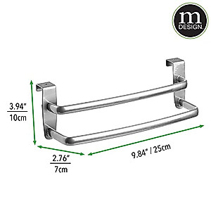 mDesign Over-Door Cabinet Towel Holder - Kitchen Cabinet Double Towel Bar Rack - Over Cabinet Towel Bar Hanger for Hand, Dish, and Tea Towels - 9.84" Wide - Spira Collection - Silver