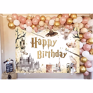 Wizard Happy Birthday Backdrop Magic School Castle Backdrop for Halloween Wizard Theme Photography Background Boys Girls Birthday Party Decoration Banner 7X5FT