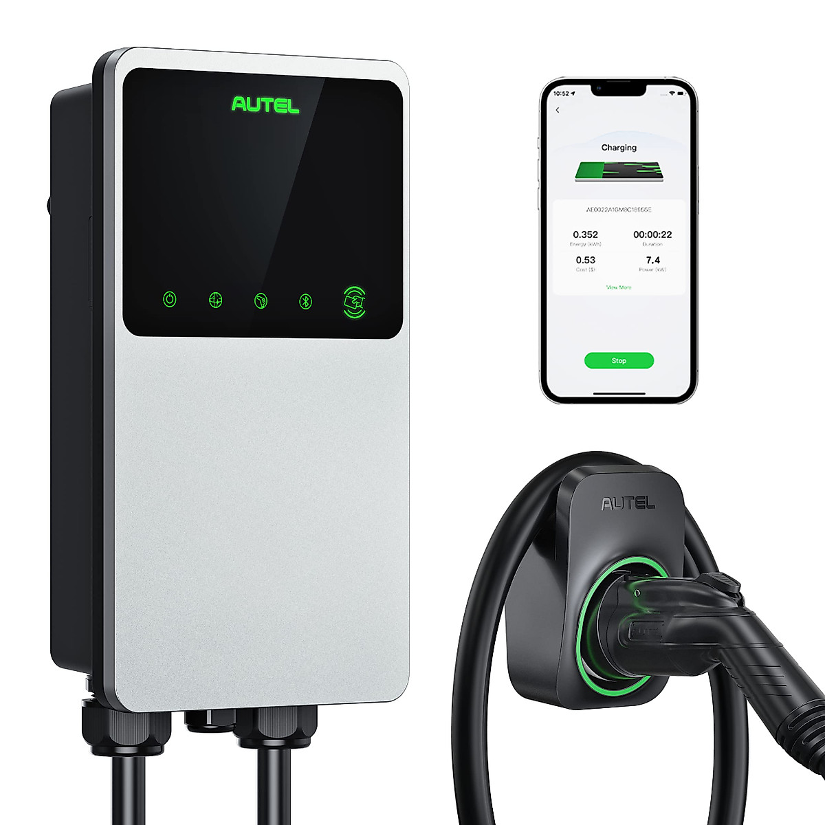 Autel MaxiCharger Home Electric Vehicle (EV) Charger, up to 40 Amp, 240V, Level 2 WiFi and Bluetooth Enabled EVSE, NEMA 14-50 Plug, Indoor/Outdoor, 25-Foot Cable with Separate Holster, Silver