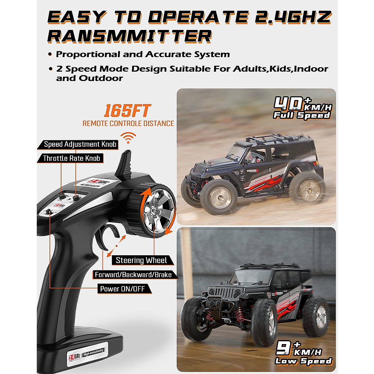 caivun 1:14 Scale Big RC Car, RC Cars 4WD Off Road Hobby Trucks 40+ KM/H High Speed Remote Control Car with Two 1500mAh Batteries, 2.4GHz All Terrain Toy Vehicle Crawler Gift for Adults Teens Boys