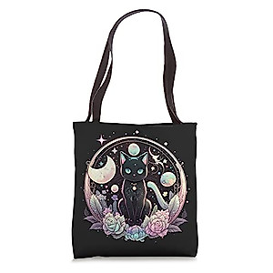 Moon Phases Crystal Witchy Cute Black Cat Kawaii Pastel Goth Tote Bag
