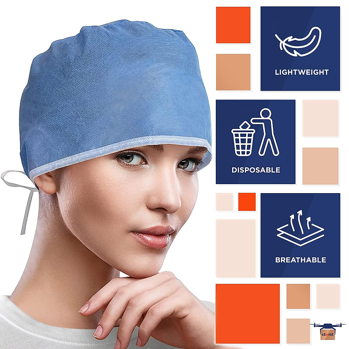EZGOODZ Blue Disposable Surgical Caps for Women and Men. Pack of 100 Polypropylene Surgical Disposable Caps with Elastic Band 30 GSM. One Size Breathable Disposable Hair Covers for Hospital, Clinic