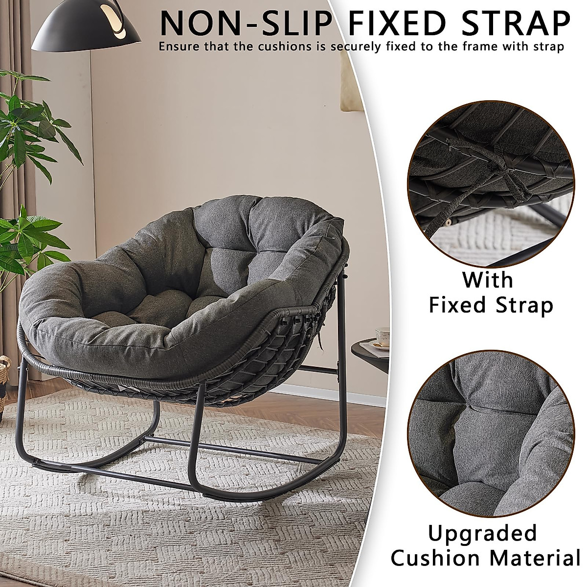 YDcosyfy Papasan Rocking Chair with Thick Cushion, Indoor Outdoor Comfy Patio Chair with Upgraded Steel Frame Oversized Wicker Lounge Chair for Front Porch, Garden, Bedroom, Living Room,Grey