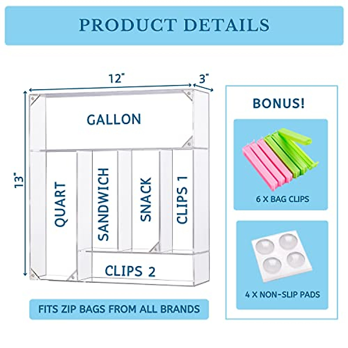 Ziplock Bag Storage Organizer Acrylic Brightroom Drawer Storage Upgraded Design Gallon Quart Sandwich Snack Fit Ziploc & All Food Bags Brands, Clear Plastic Kitchen Baggie Dispenser, 6 Clips Included