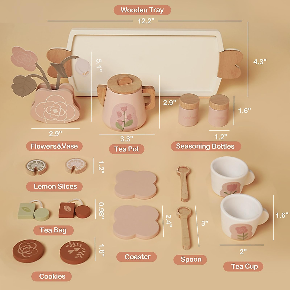 Wooden Tea Party Set for Little Girls, Toddler Tea Set Toy Pretend Play Kitchen Accessories, Wooden Play Food Set for 3 4 5 6 Years Old Boys Girls