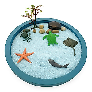 Japanese Zen Garden Mini Kit for Desk - Ocean Beach Theme - Relaxation, Meditation & Mindfulness - Gift for Birthdays, Christmas, Etc. - Includes Rake, Sand, 10+ Accessories! - Tray Diameter 8.5"