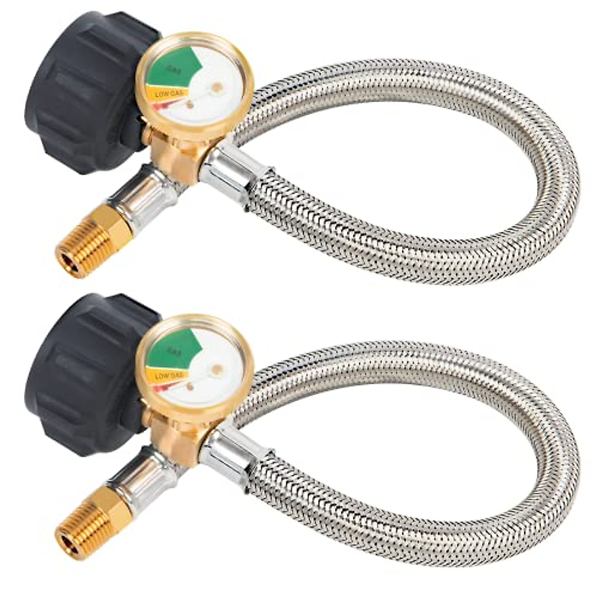 GASPRO 15-Inch RV Propane Hose with Gauge, Stainless Braided Camper Propane Hose for 5-40lb Propane Tanks and Two-Stage Propane Regulator, 1/4-Inch Male NPT x QCC-1, 2-Pack