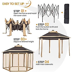 Yaheetech 13′ × 13′ Pop-Up Patio Gazebo Tent W/Mesh Netting Sides & 25 Solar LED Lights, Hexagonal Double Vented 3 Height Adjustable Gazebo with Storage Bag for Backyard, Garden, Lawn, Khaki & Brown