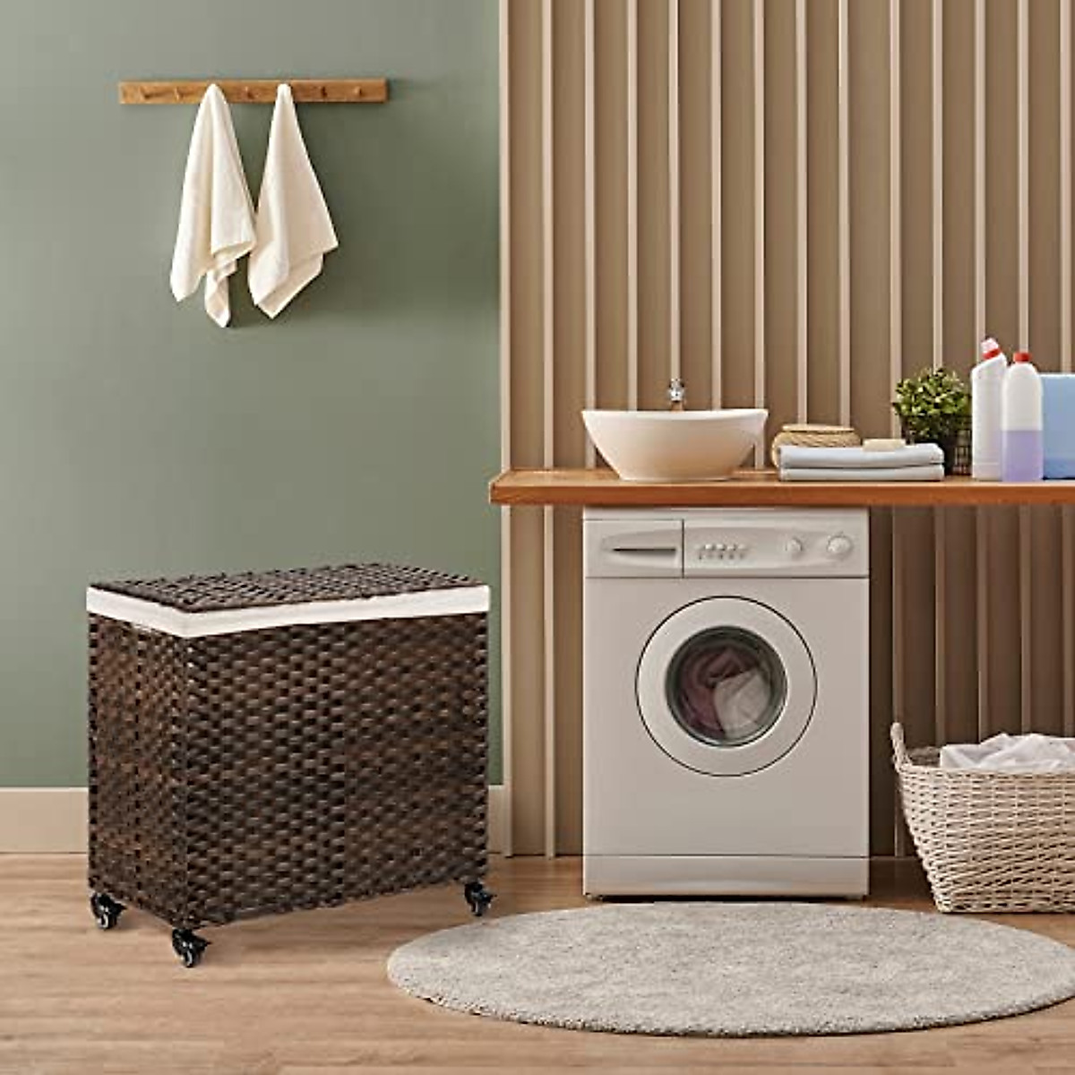 ALIMORDEN Wicker Laundry Hamper with Lid and Wheels 110L Clothes Laundry Basket with Removable Liner Bags Large Hampers for Laundry Organizer 3 Sections for Bedroom Closet Laundry Room Bathroom Brown