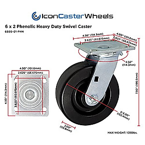 ICON Caster Wheels 6" x 2" PHN Heavy Duty Industrial Casters, Top Plate 4" x 4.5", Black, 2 Rigid 2 Swivel, Non-Marking Phenolic Wheel, Load Capacity 4800 lbs. per Set (4-Pack)