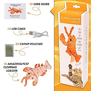 Flopping Lobster Toy for Cats & Small Dogs – Motion Activated Moving Cat Toy with 2 Catnip Packets – USB-Chargeable, Soft, Durable, Washable, Low-Noise Floppy Lobster Cat Nip Toy Gift, 11x4 In.